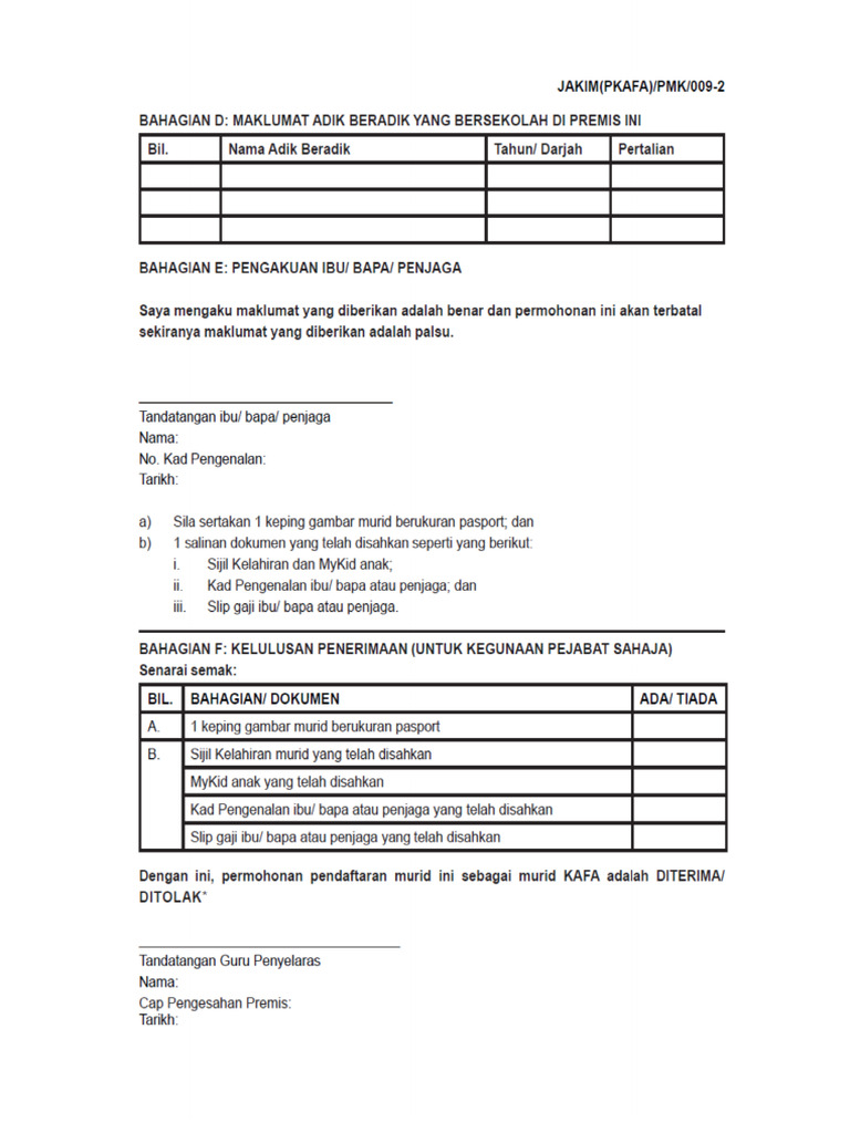KAFA Borang Daftar Murid Baru | PDF