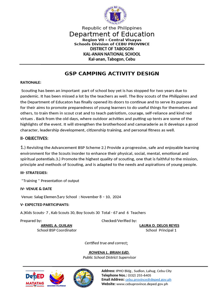 GSP Camping Activity Plan for Scouts | PDF | Scouting