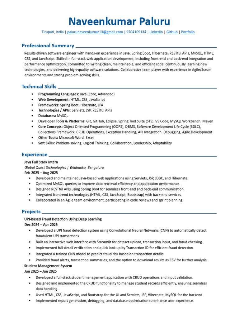 Naveenkumar Software Developer Resume | PDF | Java (Programming ...