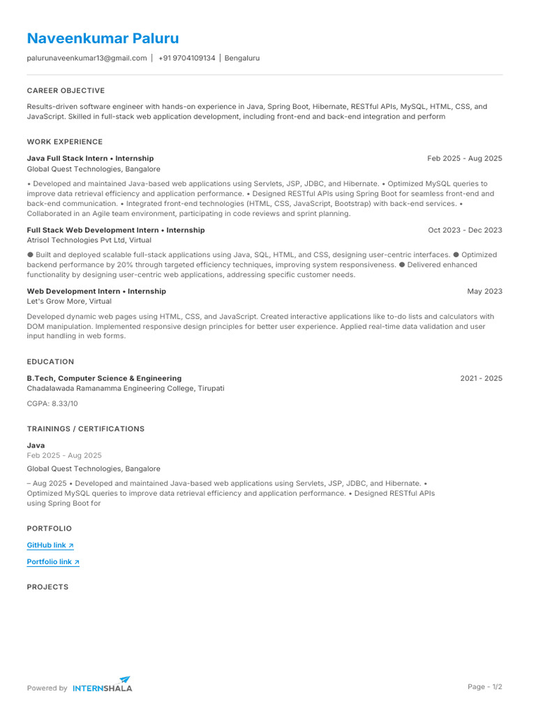 NaveenkumarPaluru InternshalaResume-1 | PDF | Java (Programming Language) | Web Application