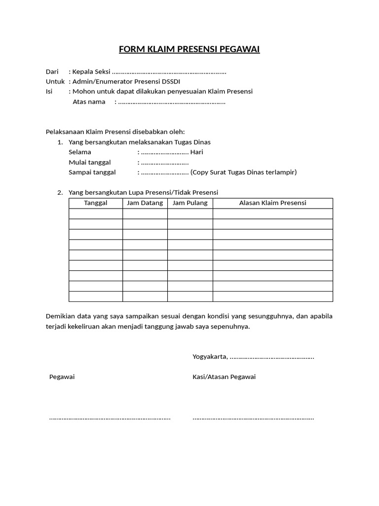 Formulir Klaim Presensi Pegawai DSSDI | PDF