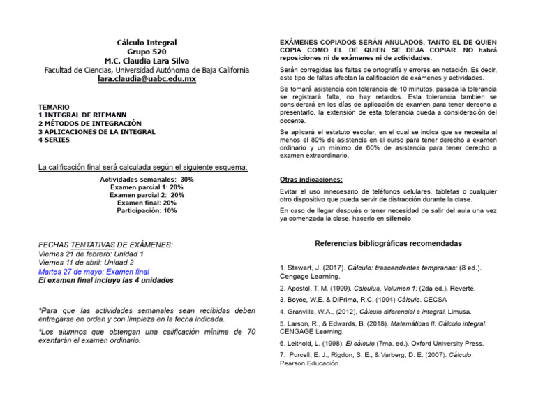 Temario de Cálculo Integral UABC | PDF | Integral | Análisis matemático