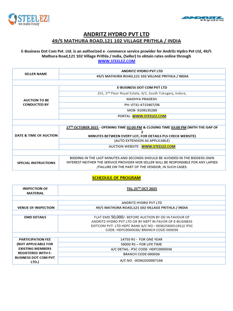 Andritz Hydro Prithla DT 27th Oct 2025 | PDF | Auction