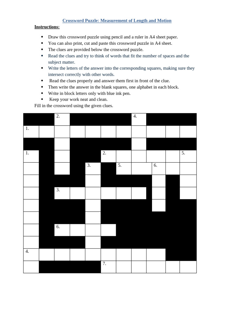 Crossword BlankGrid Measurement of Length and Motion Class6 | PDF
