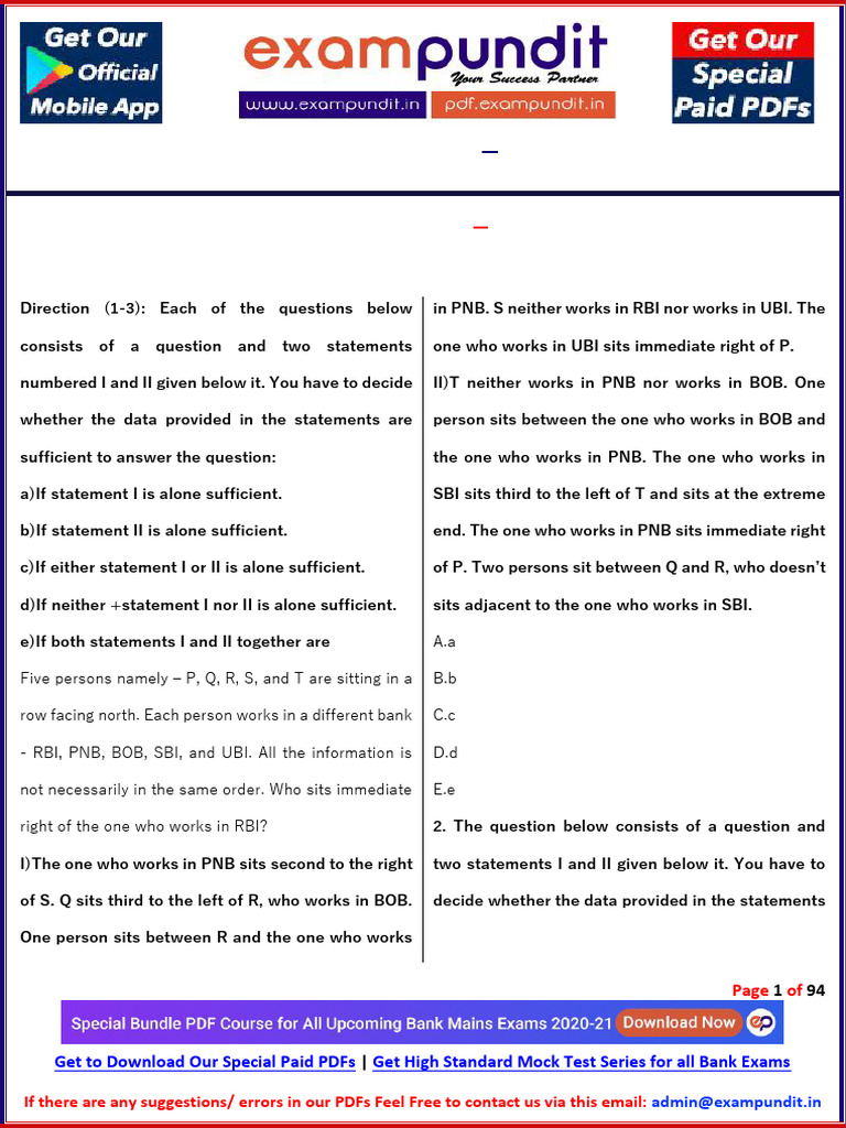 Sbi Po Mains Model Question Paper PDF Set 3 | PDF