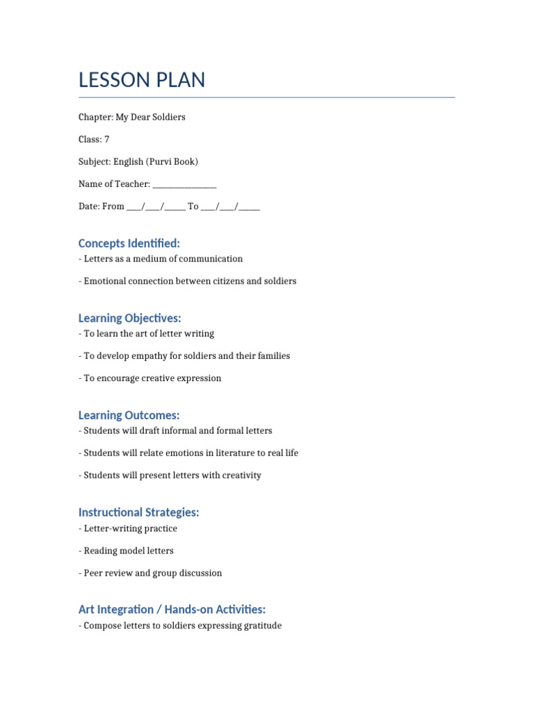 Lesson Plan My Dear Soldiers | PDF