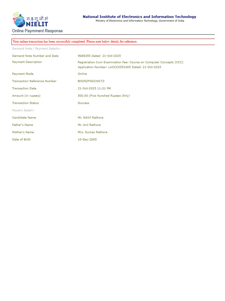 Student - Nielit.gov - in OnlinePaymentResponse - Aspx | PDF
