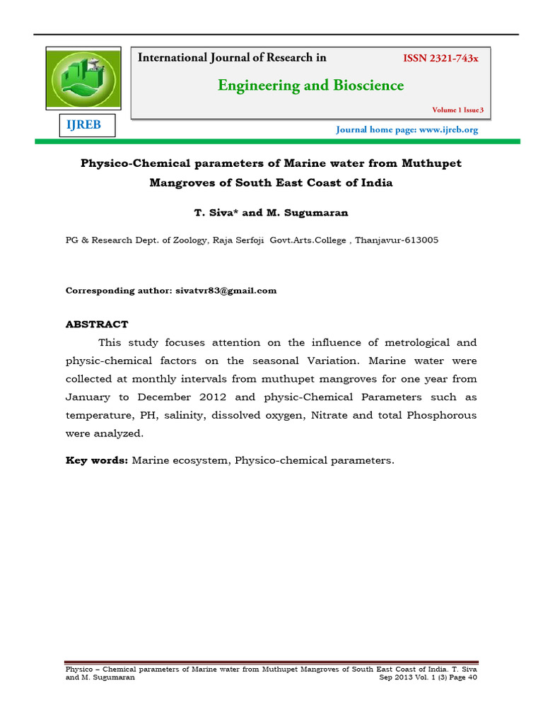 Physico-Chemical Parameters of Marine Water From Muthupet Mangroves of ...
