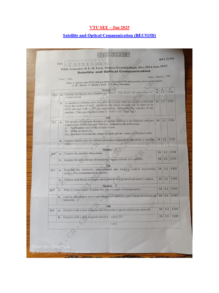 VTU Exam Question Paper With Solution of BEC515D Satellite and Optical ...