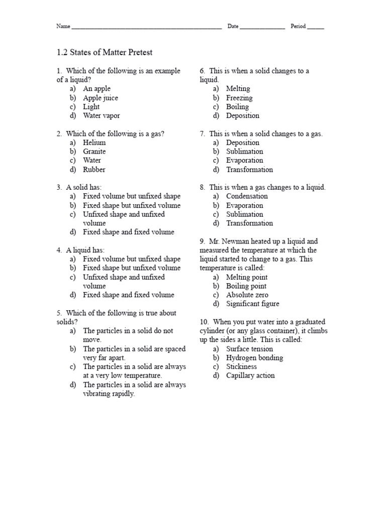 States of Matter Pretest Questions | PDF | Liquids | Solid