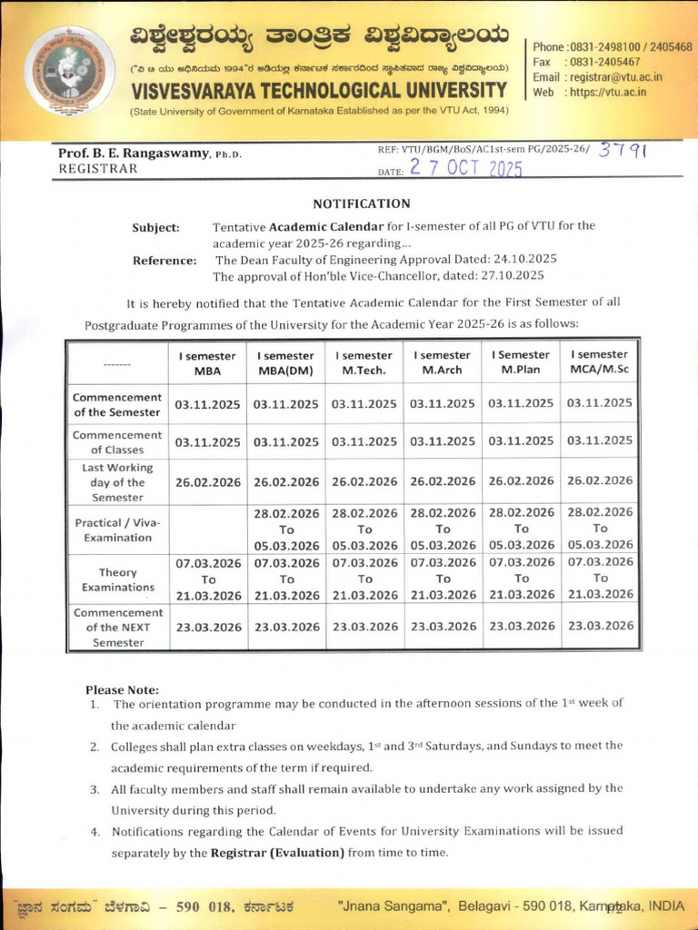 Notification (3791) - Academic Calendar For 1st Semester of All PG of ...