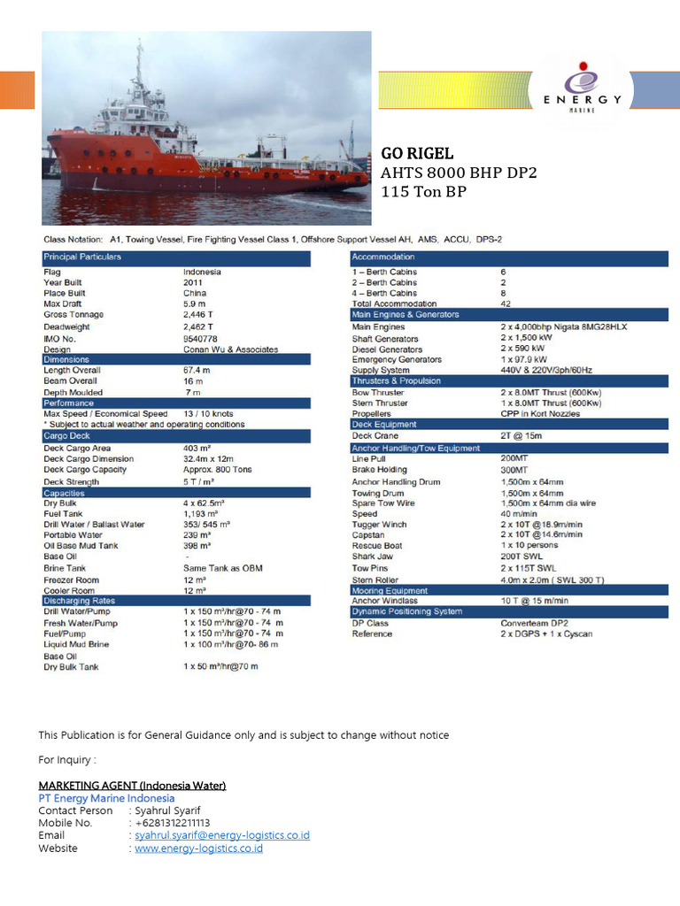 AHTS GO Rigel 8000 BHP - DP2 - 115 Ton BP - 2011 - Indonesia Flag | PDF