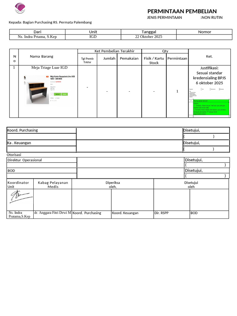 Permintaan Meja Triage IGD | PDF