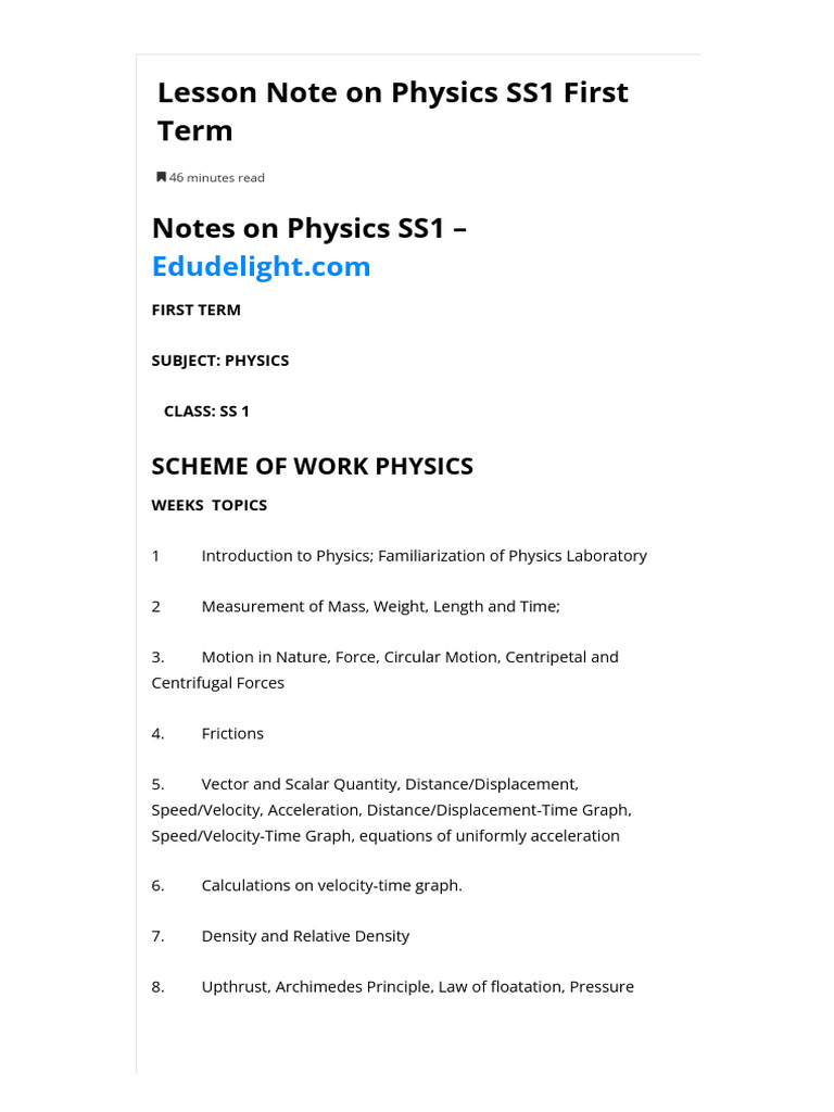 SS1 Physics First Term Lesson Notes | PDF | Force | Weighing Scale