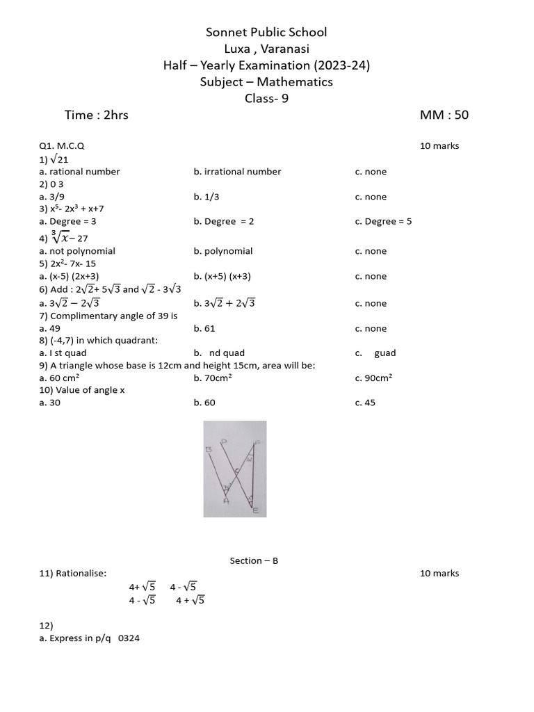 Class 9 Mathematics Half-Yearly Exam | PDF | Geometry | Algebra