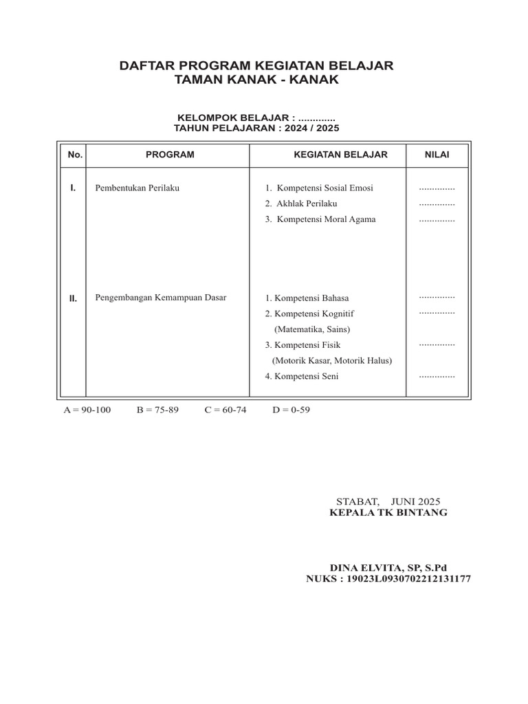 Program Belajar Taman Kanak-Kanak 2024 | PDF