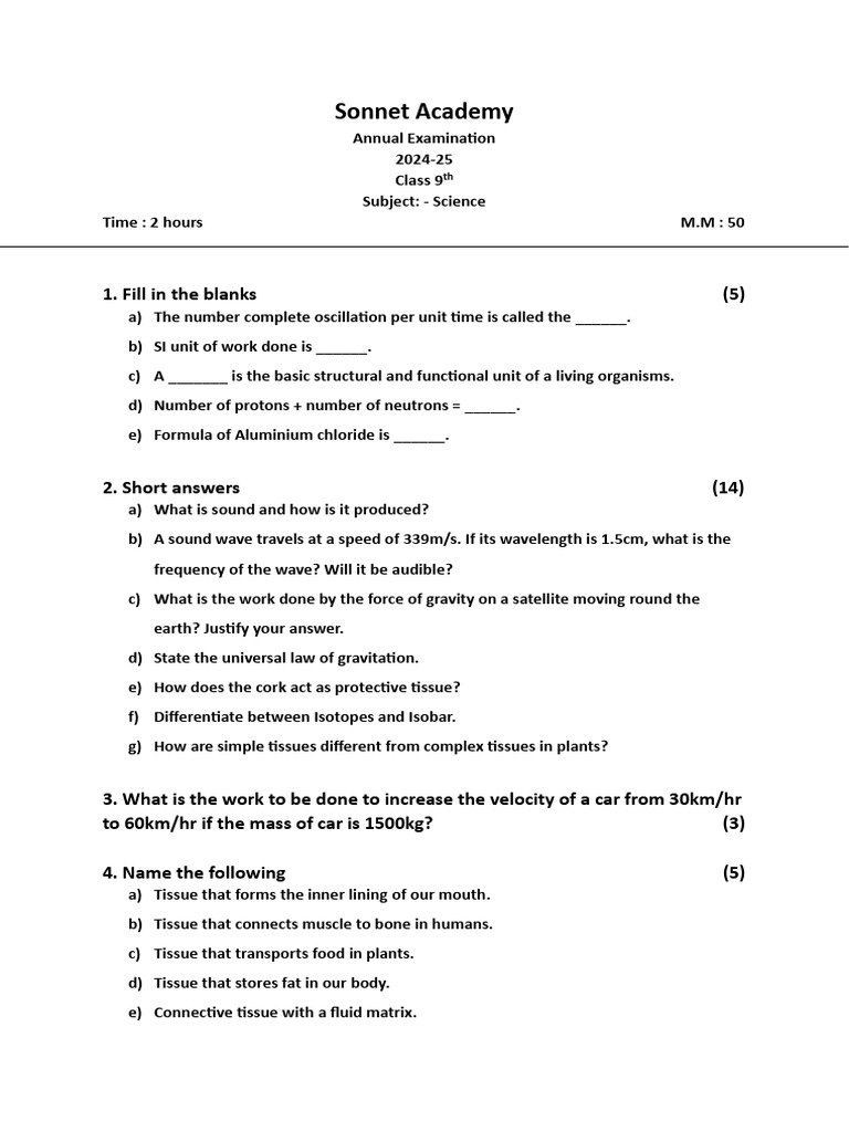 9 Science Questions Paper | PDF | Atoms | Chemical Elements