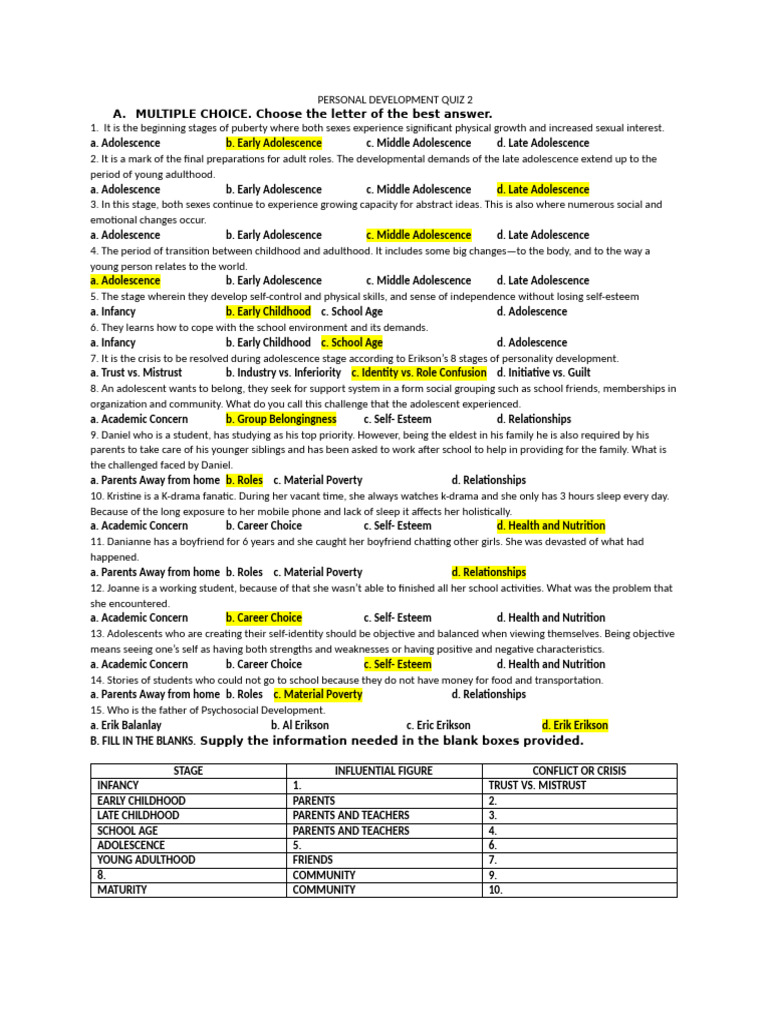Personal Development Quiz 2 2024-2025 | PDF | Adolescence | Youth