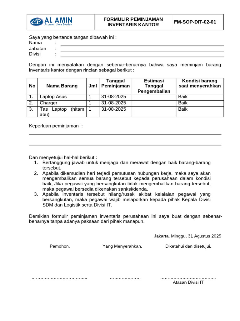 Formulir Peminjaman Inventaris Kantor | PDF
