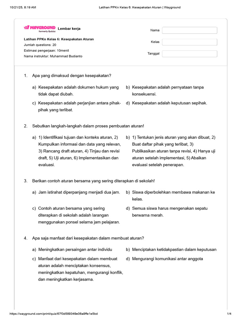 Latihan PPKN Kelas 6 - Kesepakatan Aturan - Wayground | PDF