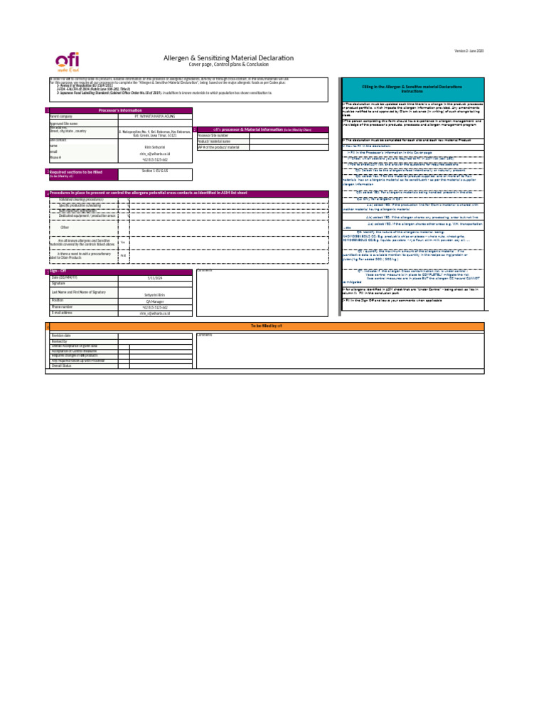 Allergen & Sensitizing Material Declaration | PDF | Foods