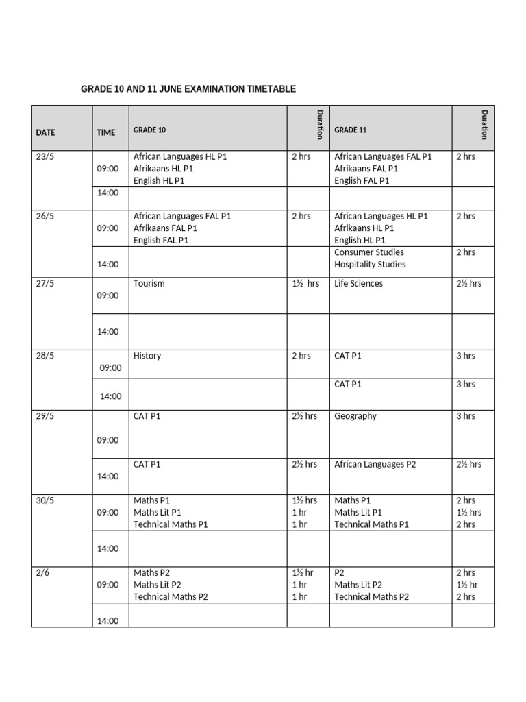2025 Fet Grade 10 - 11 June Examination Timetable-Gdeene717-M0502 | PDF ...