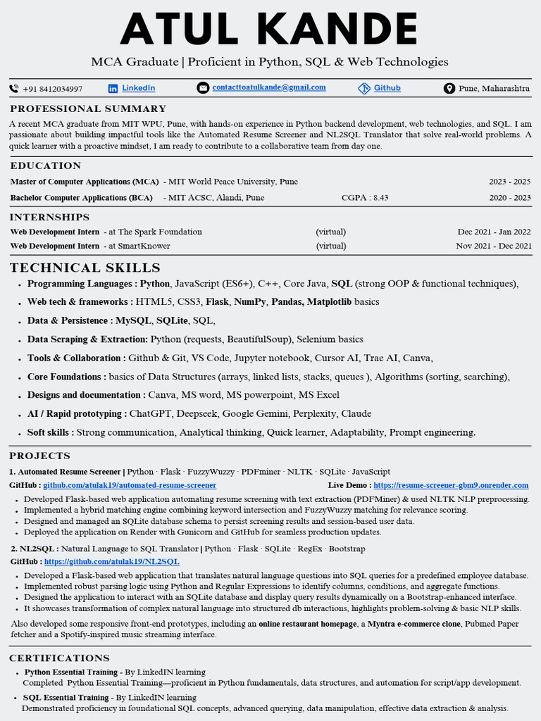 Atul Kande Resume Software Developer 2025 | PDF | Databases | Sql