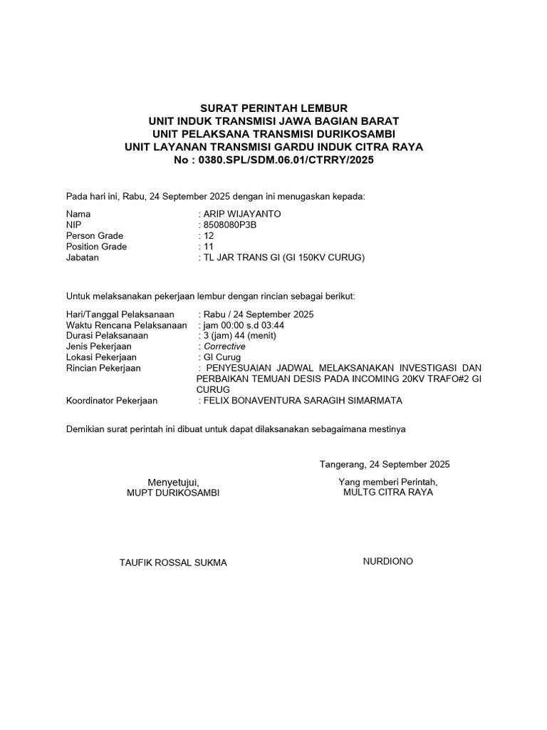 Surat Perintah Lembur GI Curug 2025 | PDF