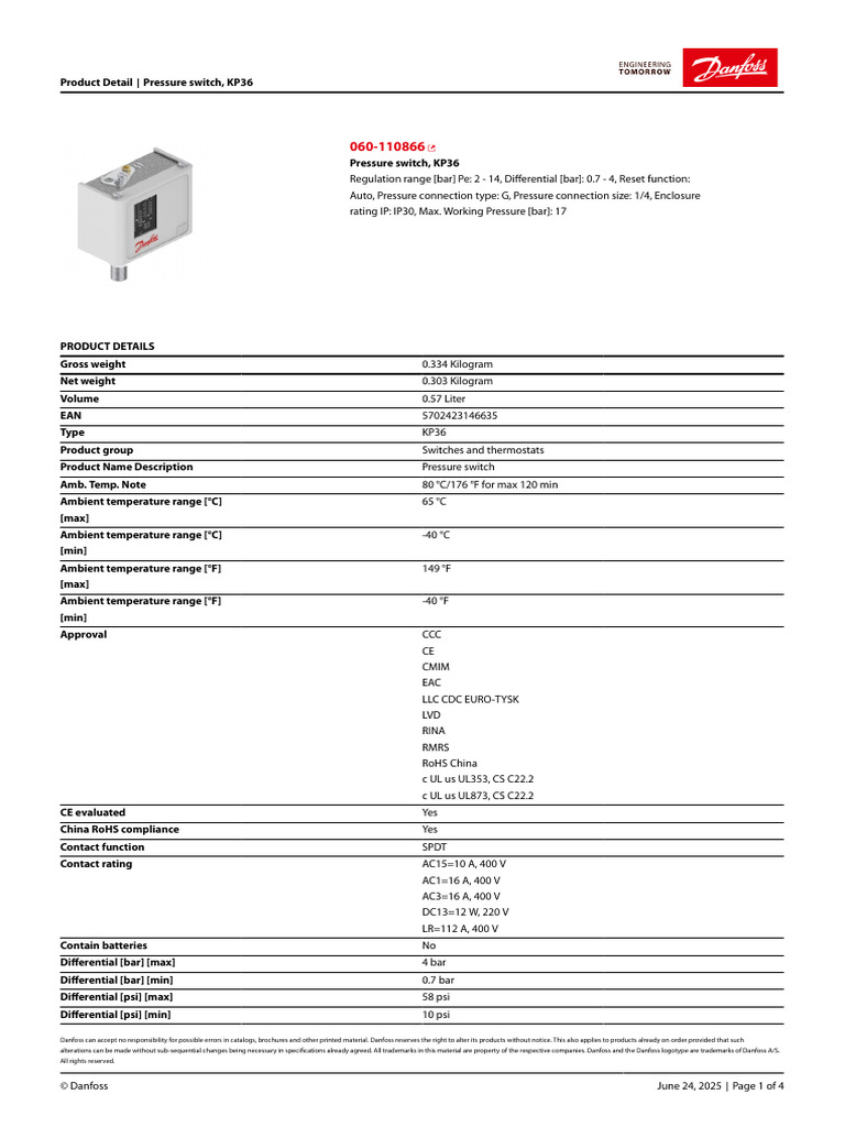 Danfoss KP36 Pressure Switch Overview | PDF | Electric Power ...