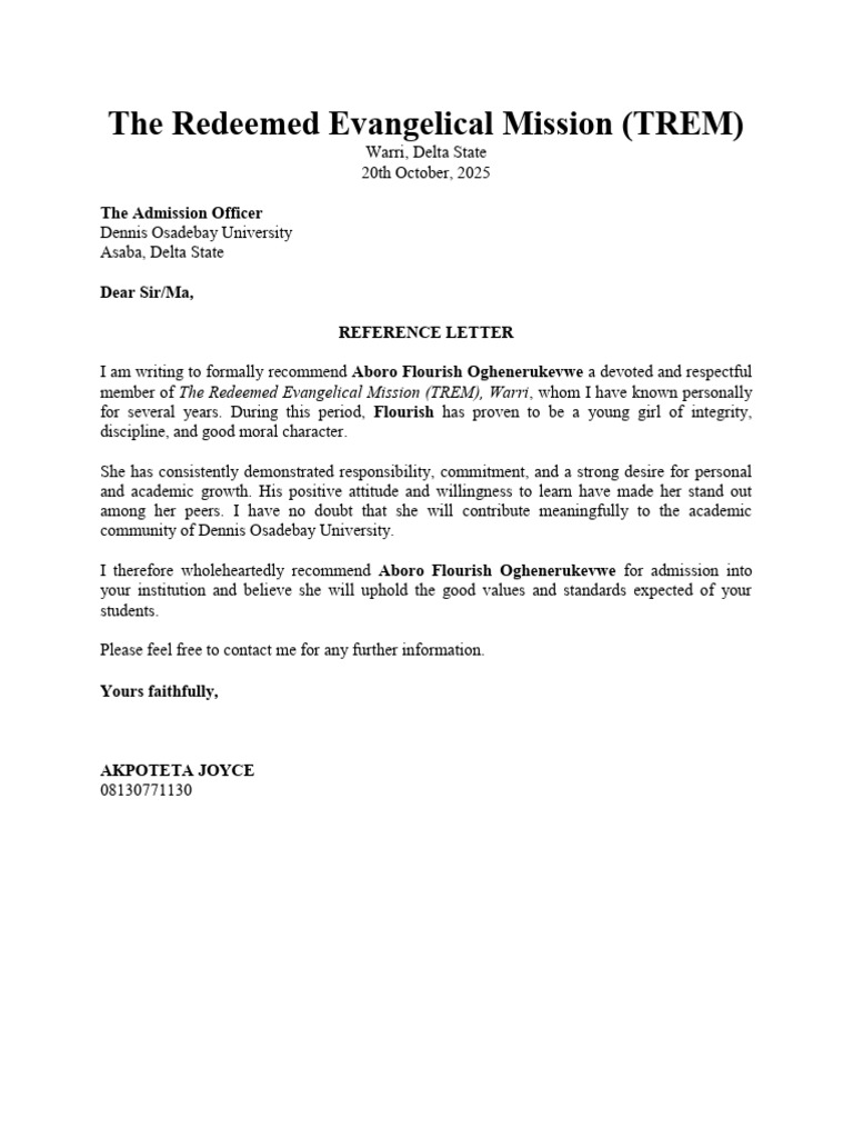 Recommendation Letter for Aboro Flourish | PDF