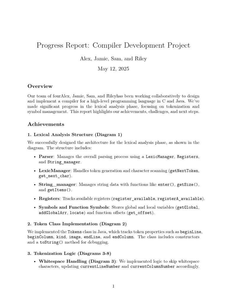 Progress Report: Compiler Development Project: Alex, Jamie, Sam, and Riley May 12, 2025 | PDF ...