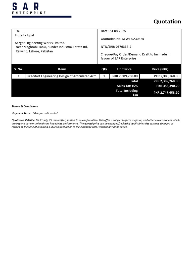 Quotation Pre Engineering Design SEWL-0230825 | PDF