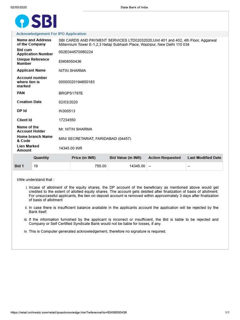 Sbi Card Ipo Application | PDF