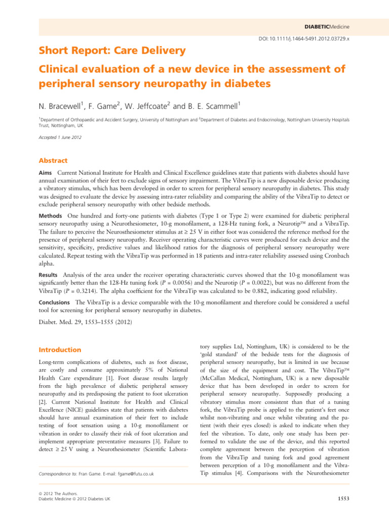 VibraTip Device for Diabetic Neuropathy Detection | PDF | Sensitivity ...