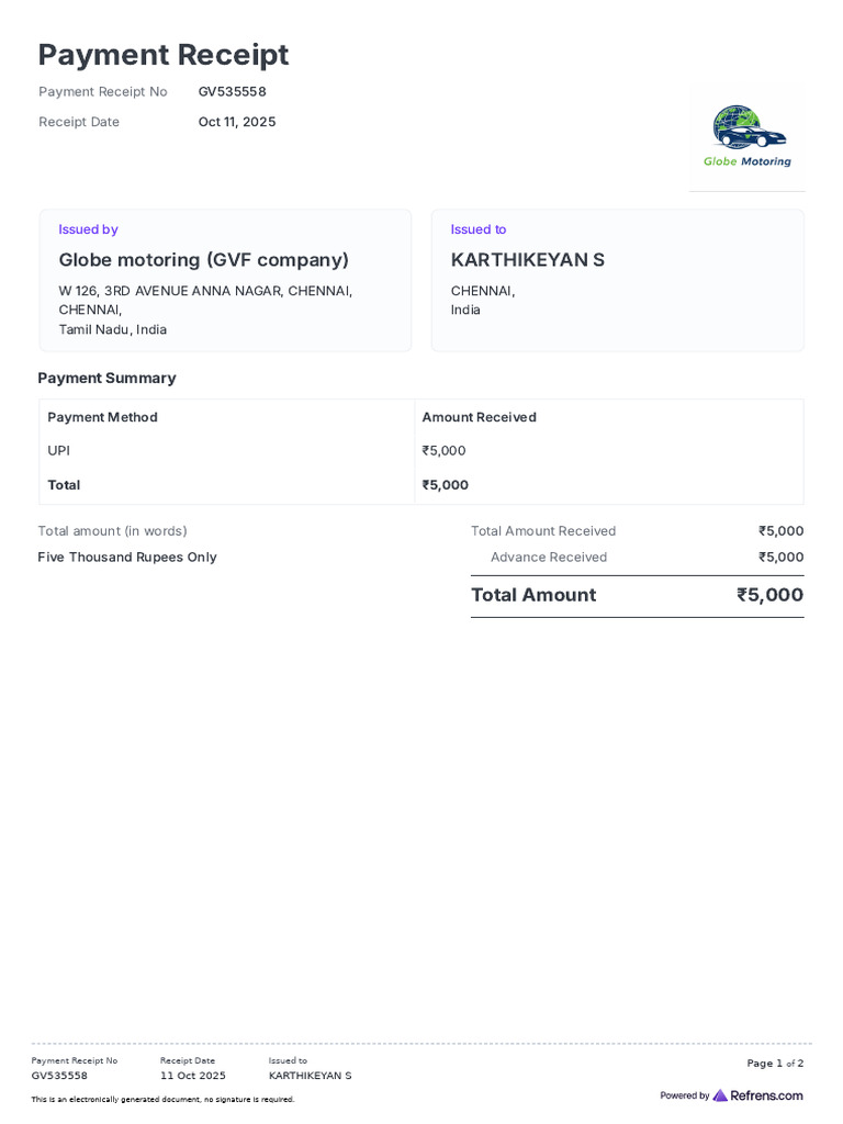 Globe Motoring Payment Receipt | PDF | Receipt | Payments