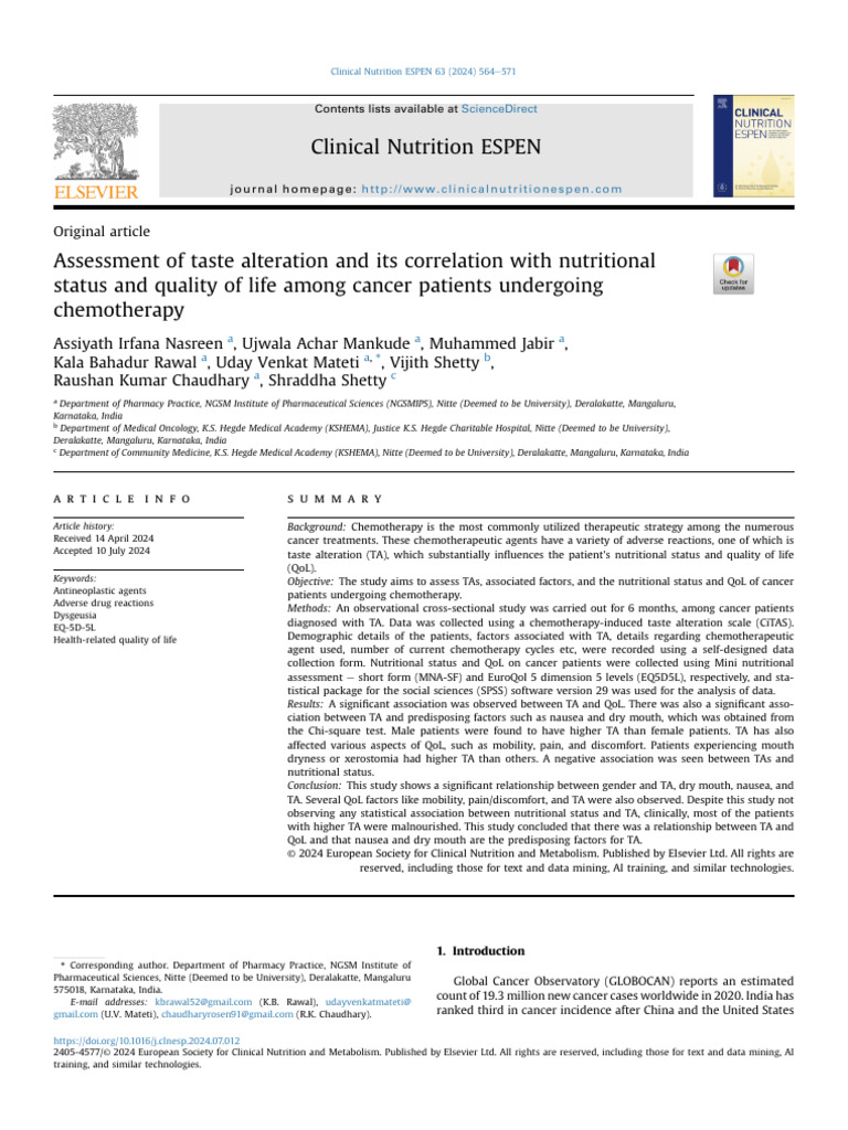 Assessment of Taste Alteration and Its Correlation With Nutritional ...