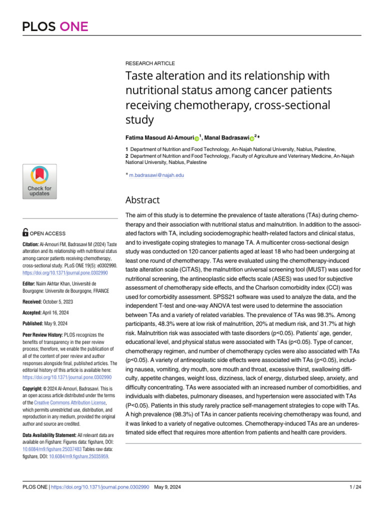 Taste Alteration and Its Relationship With Nutritional Status Among ...