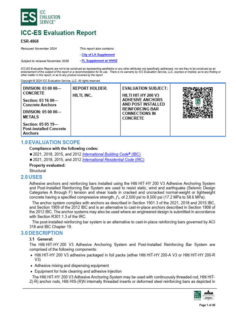Hy200v3 Icc-Es Esr-4868 | PDF | Strength Of Materials | Screw