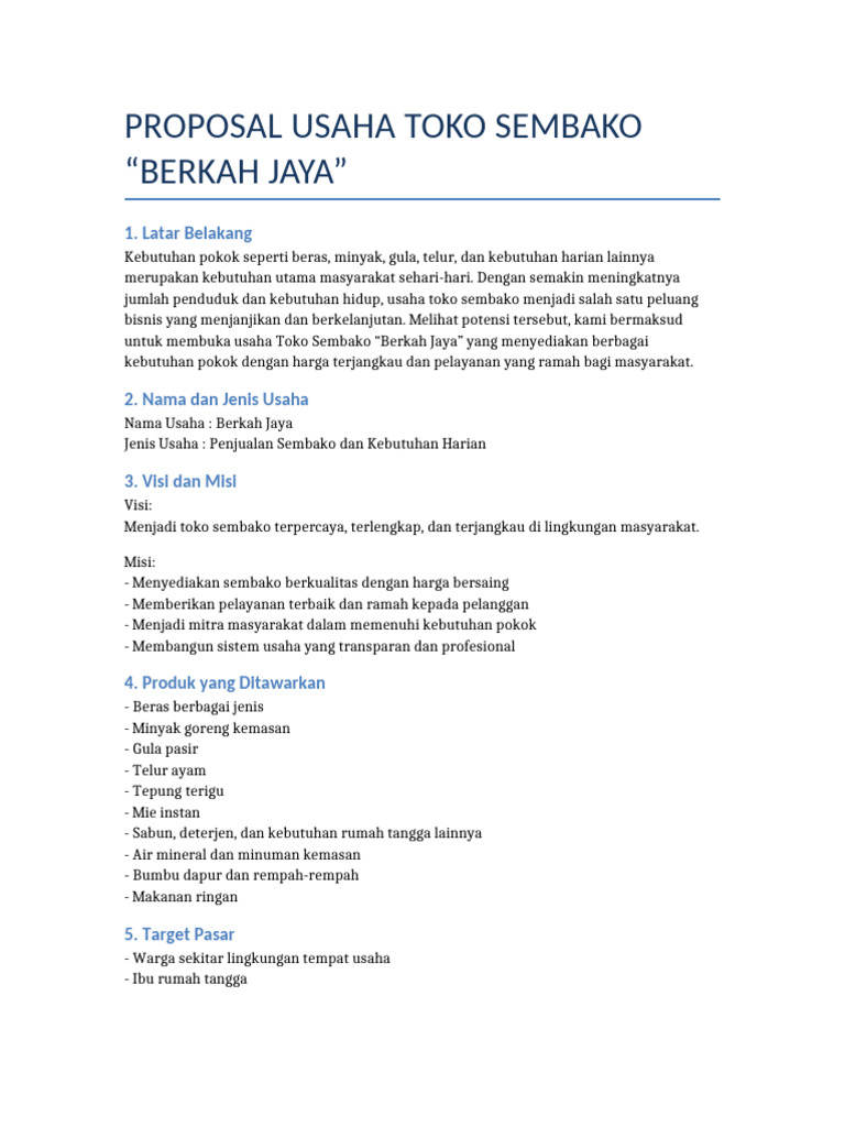 Proposal Toko Sembako Berkah Jaya | PDF