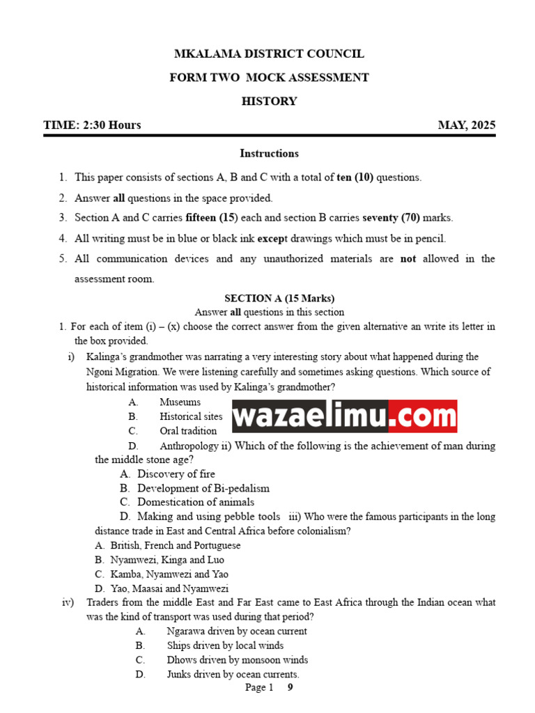 History Form Two Mock | PDF | Stone Age