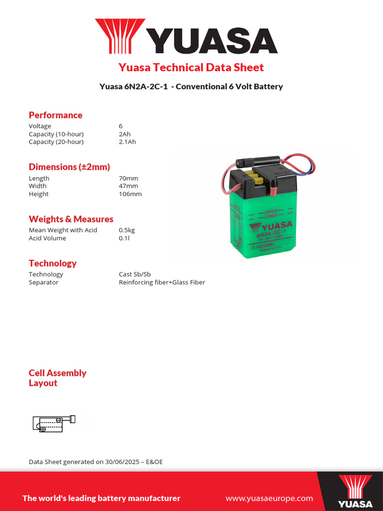 Yuasa 6N2A-2C-1 Battery Specifications | PDF