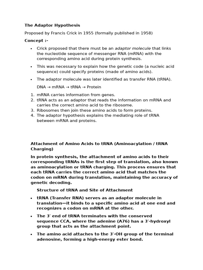 Adaptor Hypothesis and tRNA Function | PDF | Translation (Biology ...