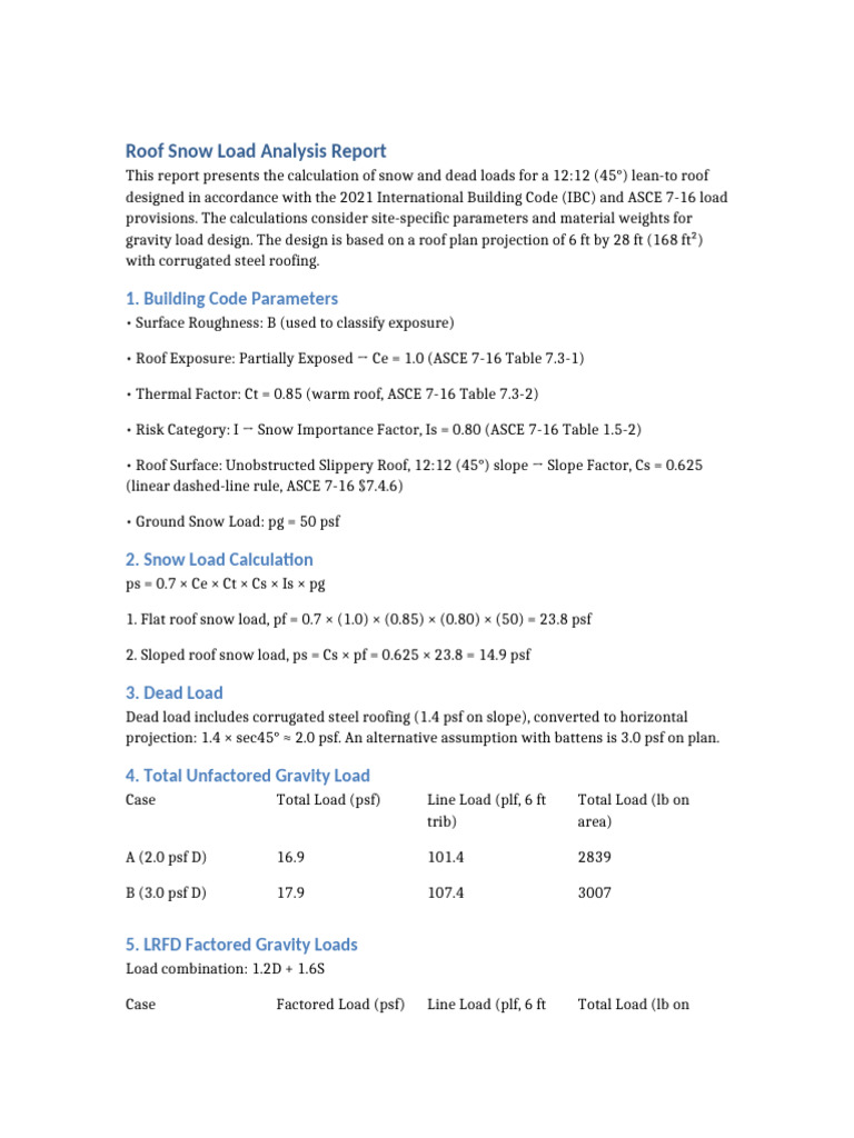 Roof Snow Load Calculation Summary | PDF