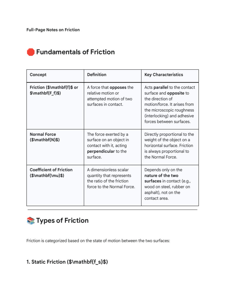 Full-Page Notes On Friction | PDF | Friction | Force