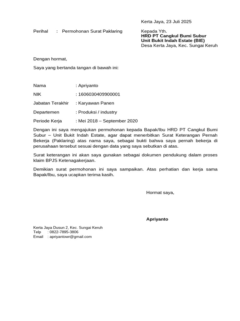 Permohonan Surat Paklaring Apriyanto | PDF