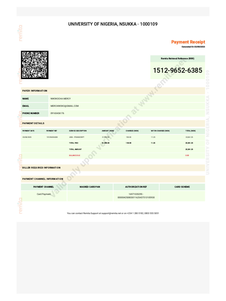 UNN Payment Receipt for I-Transcript | PDF | Receipt | Payments