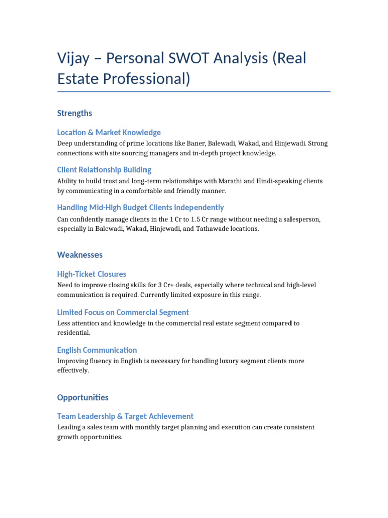 Vijay Real Estate SWOT Analysis | PDF