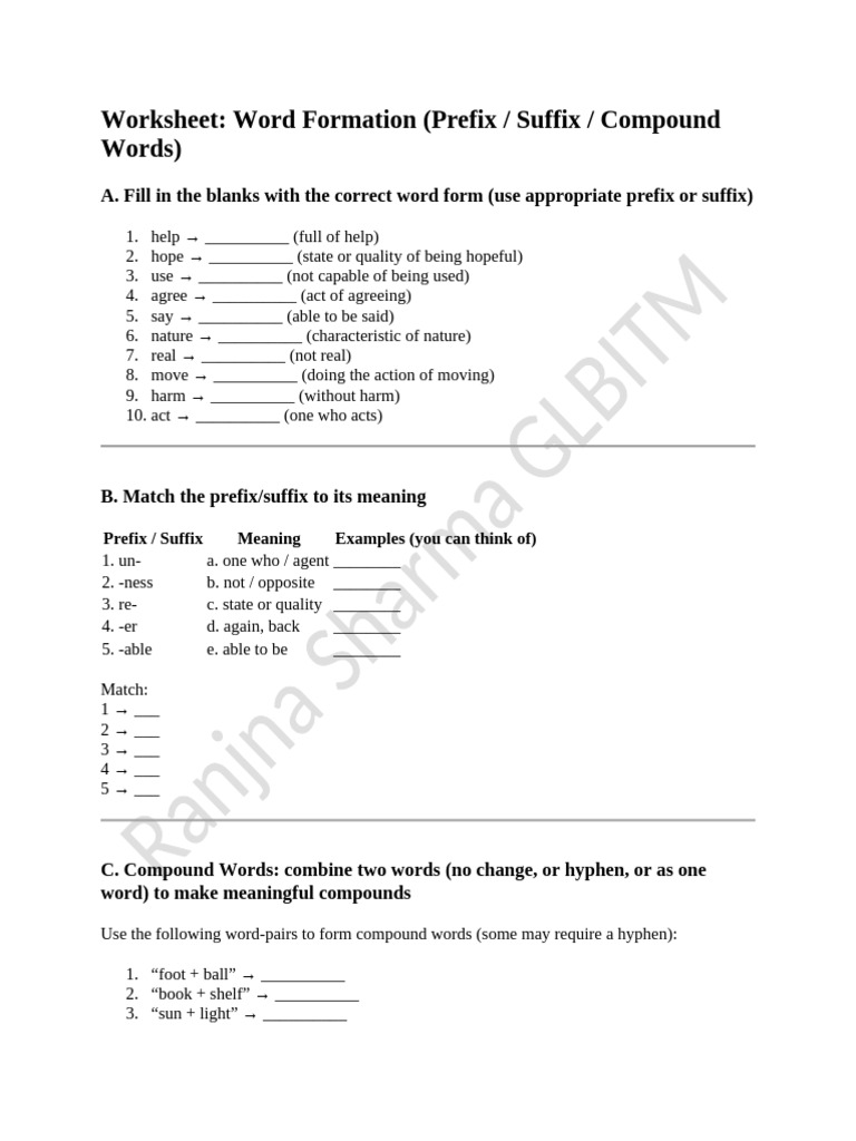 Word Formation Worksheet: Prefixes & Suffixes | PDF