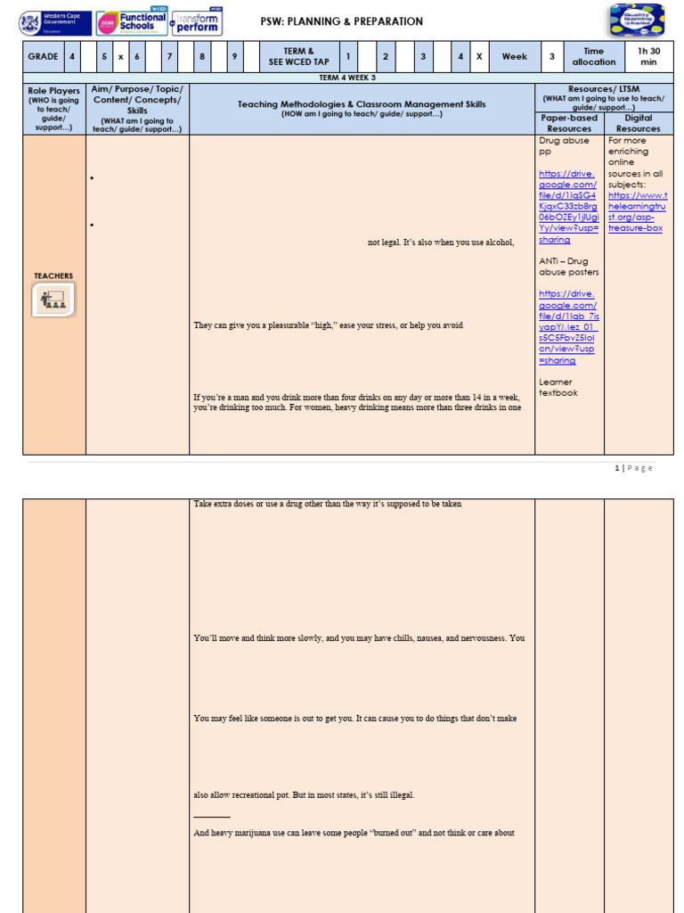 Lesson Plan Gr. 5 Life Skills PSW Term 4 Week 3 | PDF | Substance Abuse ...