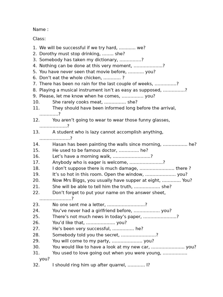 Tag Question Worksheet | PDF